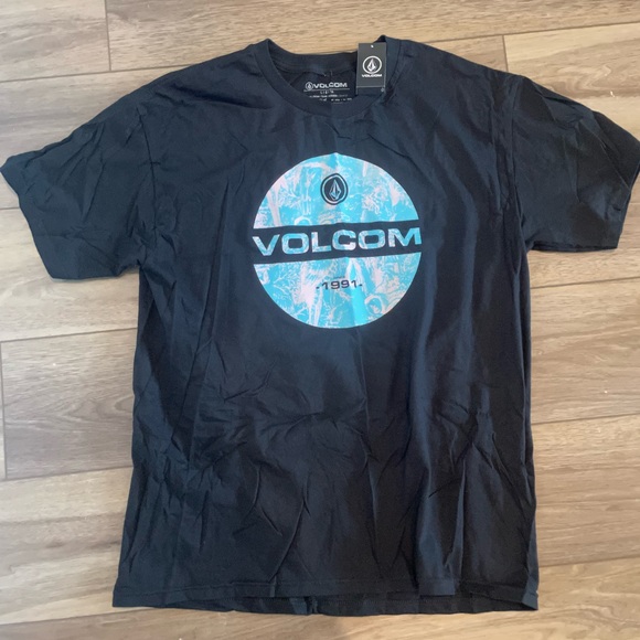 Volcom | Shirts | Volcom Black Tshirt With Pink And Blue Marbled Logo Design | Poshmark